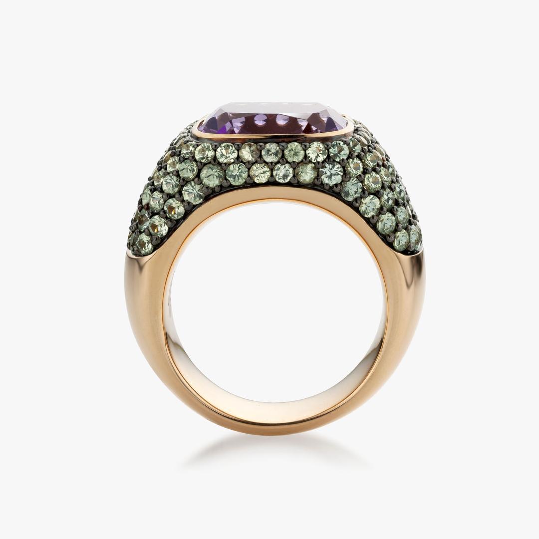 Solis ring in rose gold set with an Amethyst and green sapphires ...