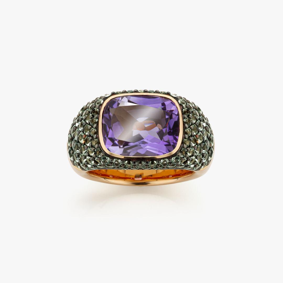 Solis ring in rose gold set with an Amethyst and green sapphires ...