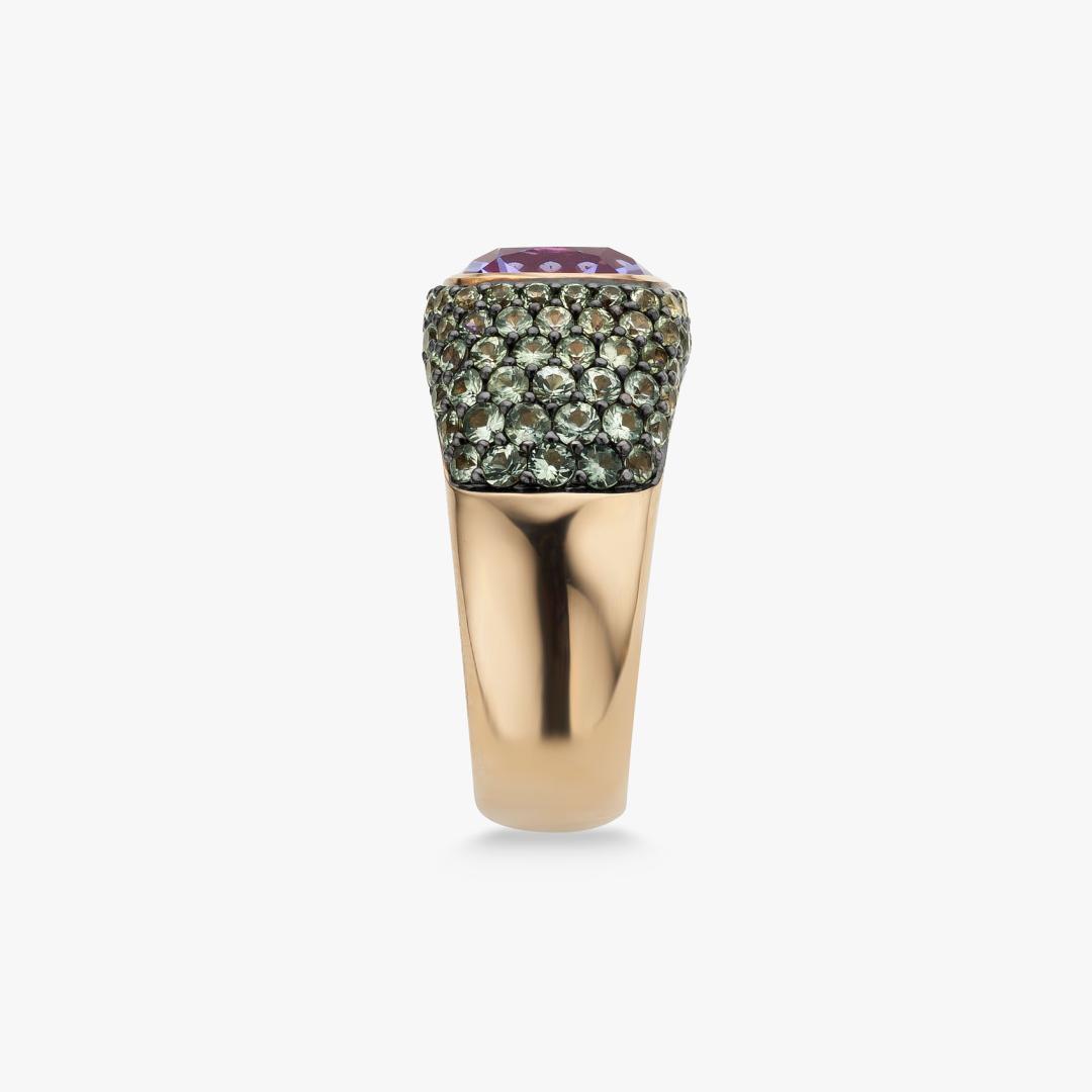 Solis ring in rose gold set with an Amethyst and green sapphires ...
